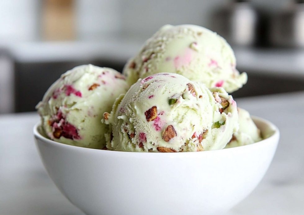 Pistachio ice cream with raspberry bursts with the Ninja Creami ice Creami