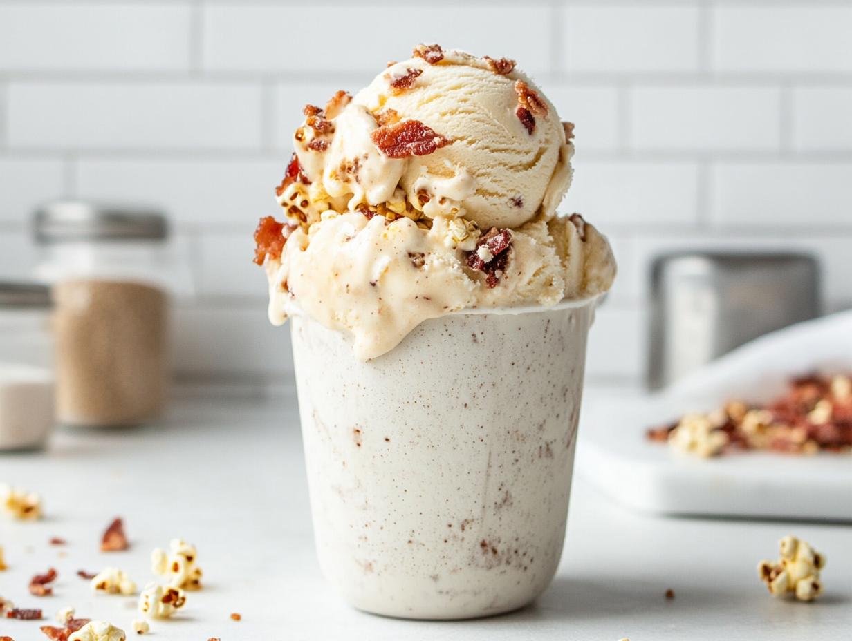 Gelato a popcorn caramellato e patatine pancetta ice cremi